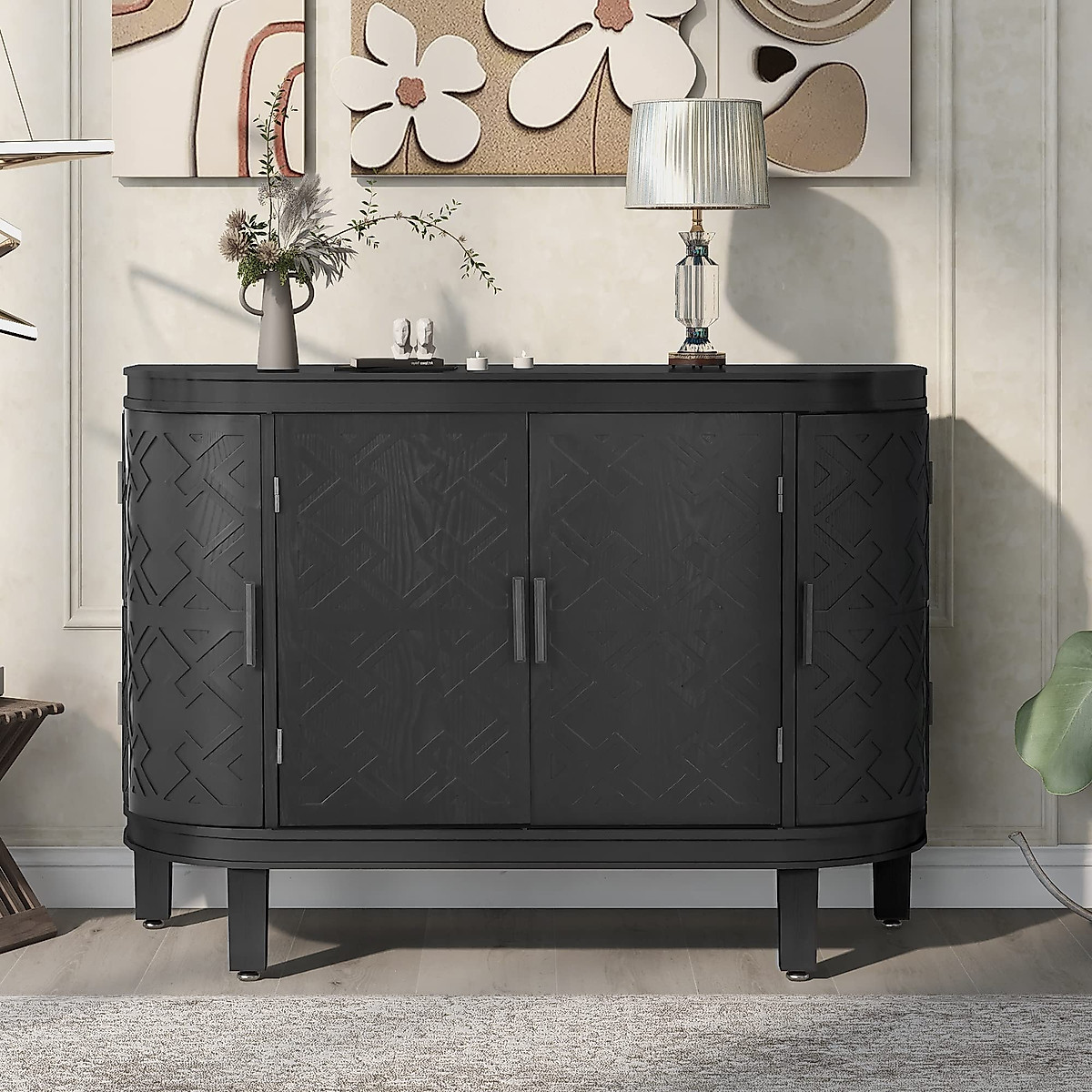 SZUBEE Antique Pattern Accent Storage, Cabinet with Wooden Sideboard-Ideal for Hallway, Entryway, Living Room, Bedroom, Black