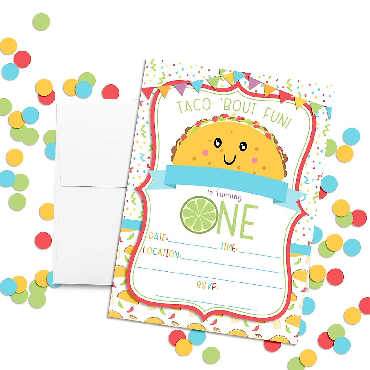 Taco 'Bout Fun Taco Themed First Birthday Fiesta Party Invitations, 20 5x7 Fill In Cards with Twenty White Envelopes by AmandaCreation