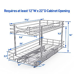 2 Tier Pull-out Cabinet Organizer, 11"W x 21"D Kitchen Under Sink Organizer, Slide Out Home Spice Rack Storage Shelves for Pots and Cans, Drawer Pantry Shelf Organization for Bathroom Base, Chrome