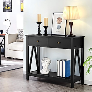 Yaheetech Console Table with Drawer, Wood Entryway Table with Storage Shelves, Sofa Table Narrow Long for Living Room Entryway Hallway, Easy Assembly, Black