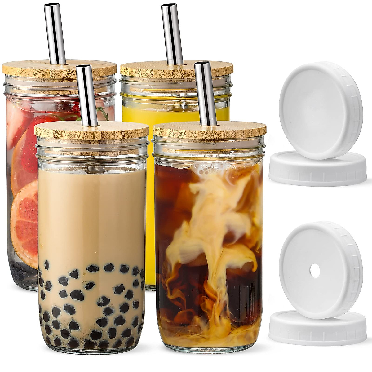 [ 4 Pack ] Glass Cups Set - 24oz Mason Jar Drinking Glasses w Bamboo Lids & Straws & 2 Airtight Lids - Cute Reusable Boba Bottle, Iced Coffee Glasses, Travel Tumbler for Bubble Tea, smoothie, Juice