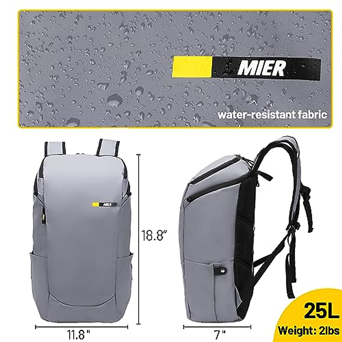 MIER Water Resistant Travel Backpack for Men Women, Carry On Commuter Back Pack Casual Daypack with Multiple Pockets for Work College Hiking Outdoors (25L, Grey)
