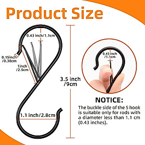 8 Pack S Hooks - 3.5 Inch Heavy Duty S Hooks for Hanging, Small Metal Hooks with Safety Buckle, Max Weight 40 lbs, S Hooks for Hanging Plants, Closet, Clothes, Kitchen, Garden, Indoor Outdoor Black