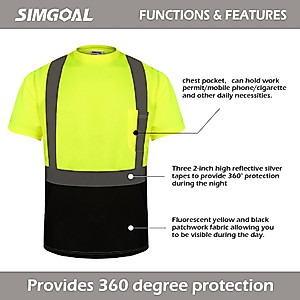 SIMGOAL High Visibility Short Sleeve Safety Shirt,3 Packs Yellow&Black,XXL,Breathable Unisex 360°Reflectivity Short Sleeve T Shirt with Front Pocket for Work Volunteer Guard Construction,Fast Dry