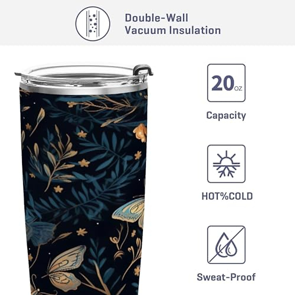 Wassud Gold Blue Butterfly 20 oz Tumbler with Lid and Straw Stainless Steel Double Wall Vacuum Tumblers Insulated Travel Coffee Mug for Cold and Hot Drinks