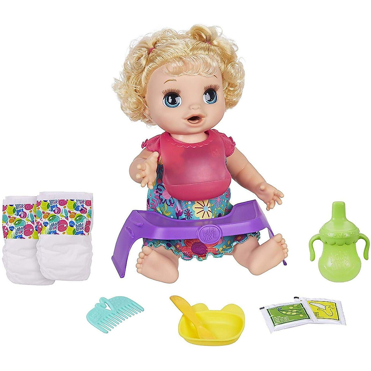 Baby Alive Happy Hungry Baby Blond Curly Hair Doll, Makes 50+ Sounds & Phrases, Eats & Poops, Drinks & Wets, for Kids Age 3 & Up, Brown/A (E4894)