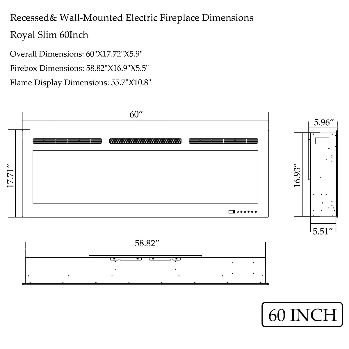 Dreamflame 60" WiFi-Enabled Electric Fireplace, Smart Control via Alexa or App, Recessed & Wall Mounted Fireplace Heater with Thermostat, Slim Frame, Multi-Color Combinations, Black