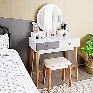 Vanity Set, Touch-Screen LED Round Mirror, Dressing Table with Cushioned Stool, 4 Storage Drawers &Spacious Desktop, 3 Adjustable Light Colors, Makeup Table and Stool Set for Women Girls, White + Gray