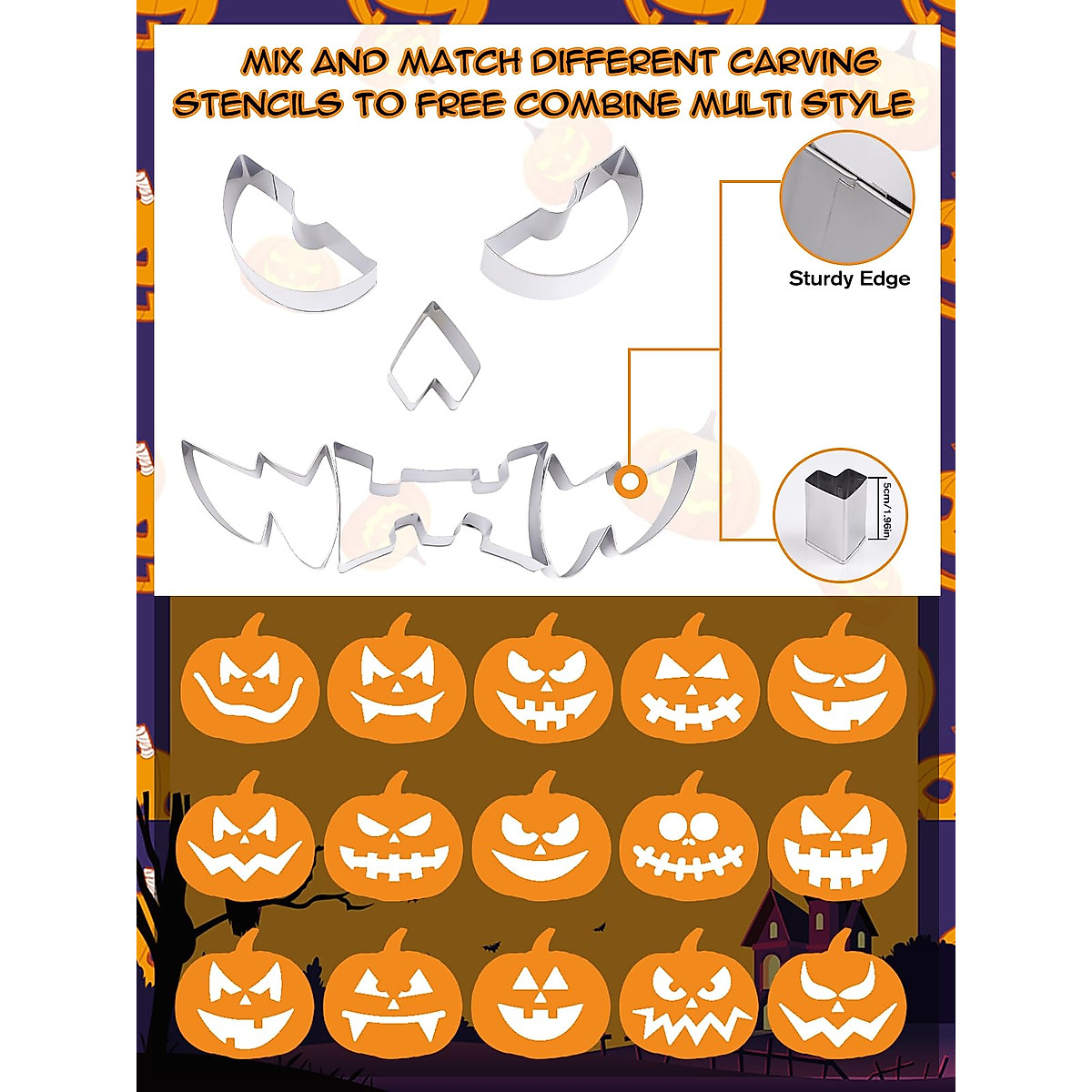 Rolcoassuns 27PCS Halloween Pumpkin Carving Kits,Pumpkin Carving Tools Set with 23PCS Stainless Pumpkin Carving Stencils,3 Carving Tools&1 Mallet for Adults Kids Easy Safe Fun DIY Halloween Decoration