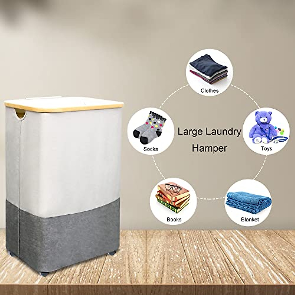 Large Laundry Hamper with Wheels, Collapsible 105L Laundry Basket with Lid for Apartment, Easy Transport Laundry Organizer with Bamboo Handle (Gray)