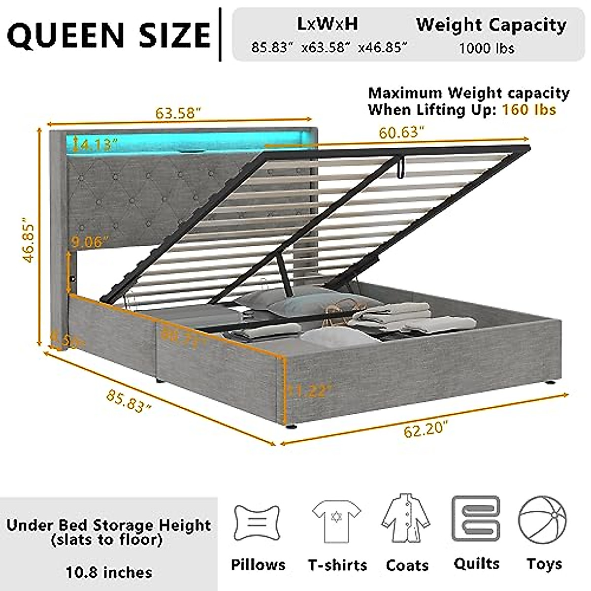 Loomie Queen Lift Up Bed Frame with Charging Station & LED Lights, Upholstered Bed with Button Tufted Wingback Storage Headboard, Hydraulic Storage, No Box Spring Needed, Wood Slats Support,Light Grey