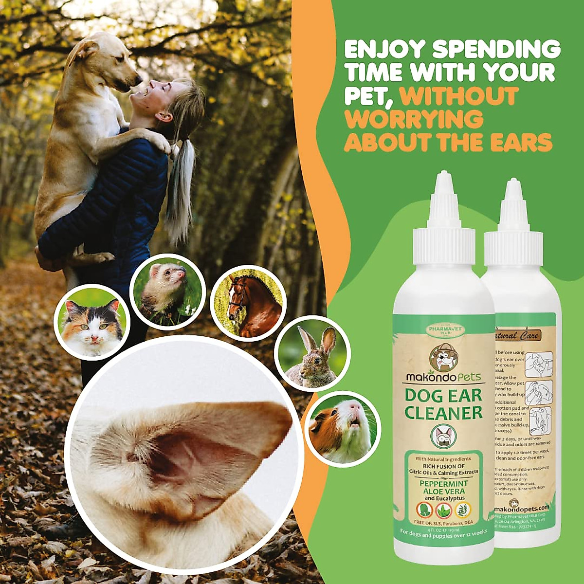 Dog Ear Cleaner Solution with Peppermint. Our Ear Cleaner for Dogs Helps to Remove Wax, Debris & Odor in Pets. Natural Puppy and Dog Ear Wash or Otic Cat Ear Cleaner Drops. No More Dog Head Shaking.