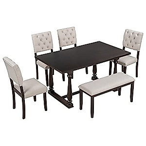 BIADNBZ 6-Piece Wooden Kitchen Dining Room Table Set with Upholstered Button Tufted Chairs & Bench, for Living Room Restaurant Furniture, Espresso