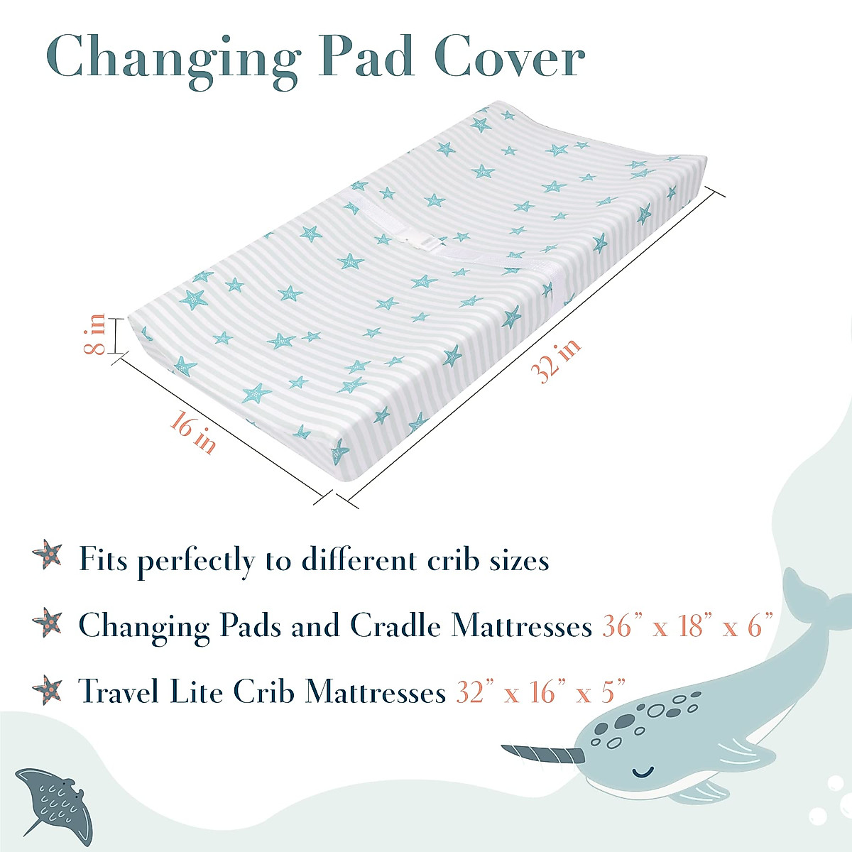 My Little Zone 100% Cotton Changing Pad Cover for Baby Boys and Girls, Nautical - Breathable Bassinet, Mini Crib Mattress Fitted Sheets - Ocean Stars, 32"x16" with 8" Deep Pocket, Teal-White, 2 Pack