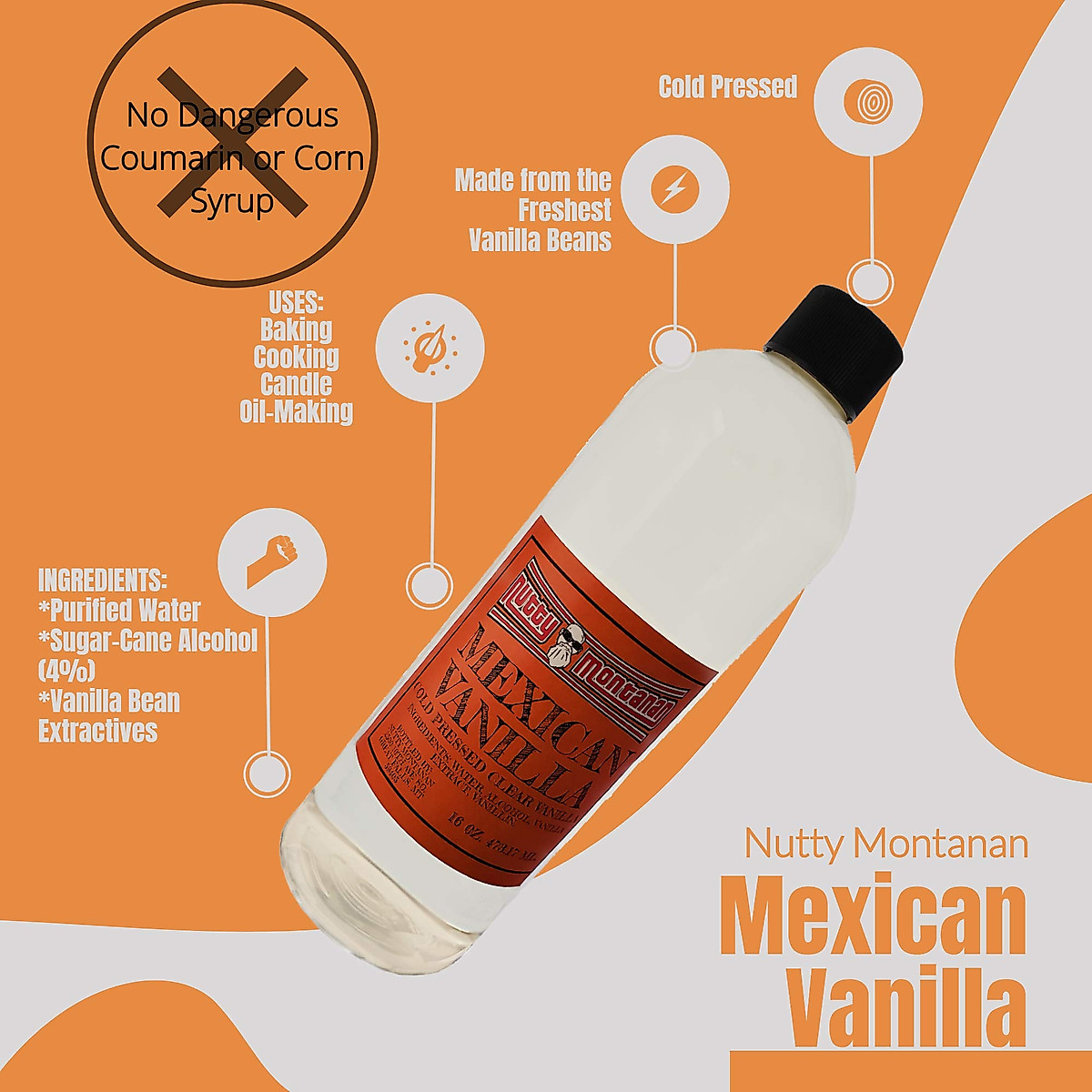 Nutty Montanan Authentic Real Pure Mexican Clear Vanilla (White) 16 Ounce Cold Pressed No Coumarin Imported