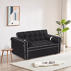 3 in 1 Convertible Sleeper Sofa,55.5" Velvet Tufted Pull Out Couch Bed,Loveseat Futon Sofa Chaise Lounge with Adjustable Backrest&Phone Holder for Living Room,Office,Apartment,Small Space(Black)