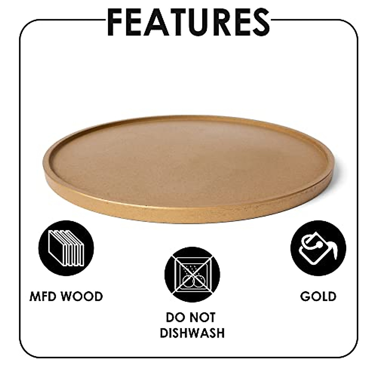 Round Gold Serving Tray | 15 Inches Large Decorative Wood Trays with Rimmed Edge for Coffee Table, Kitchen Counter, Ottoman Tray for Farmhouse Decor, Dining and Living Room (15''L x 15''W x 0.75''H)