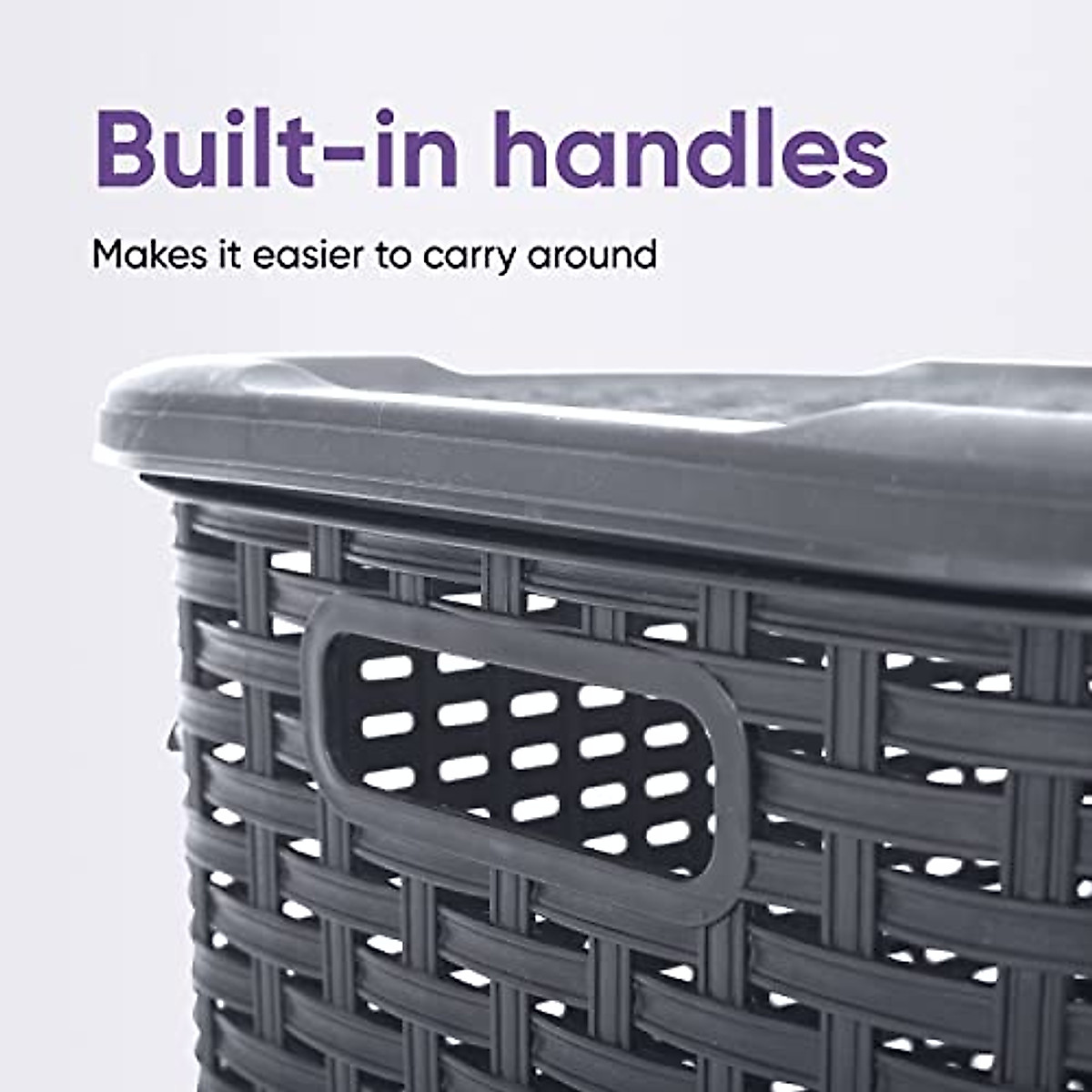 Plastic Laundry Hamper with Lid Laundry Hamper Basket, Grey 2 Pack Tall Cloths Hamper Organizer with Cut-out Handles. Space Saving for Laundry Room Bedroom Bathroom, Wicker Design 60 Liter