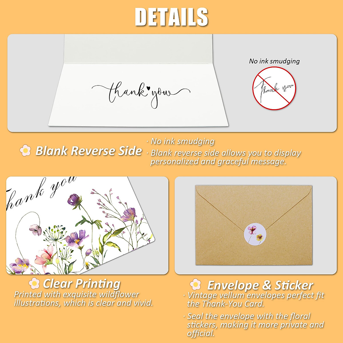 ATQTQ Floral Thank You Cards 48pack with Envelopes Wildflower Bulk 4x6inch Thanks Card with Envelope & Stickers for Birthday Baby Shower Bridal Shower Wedding