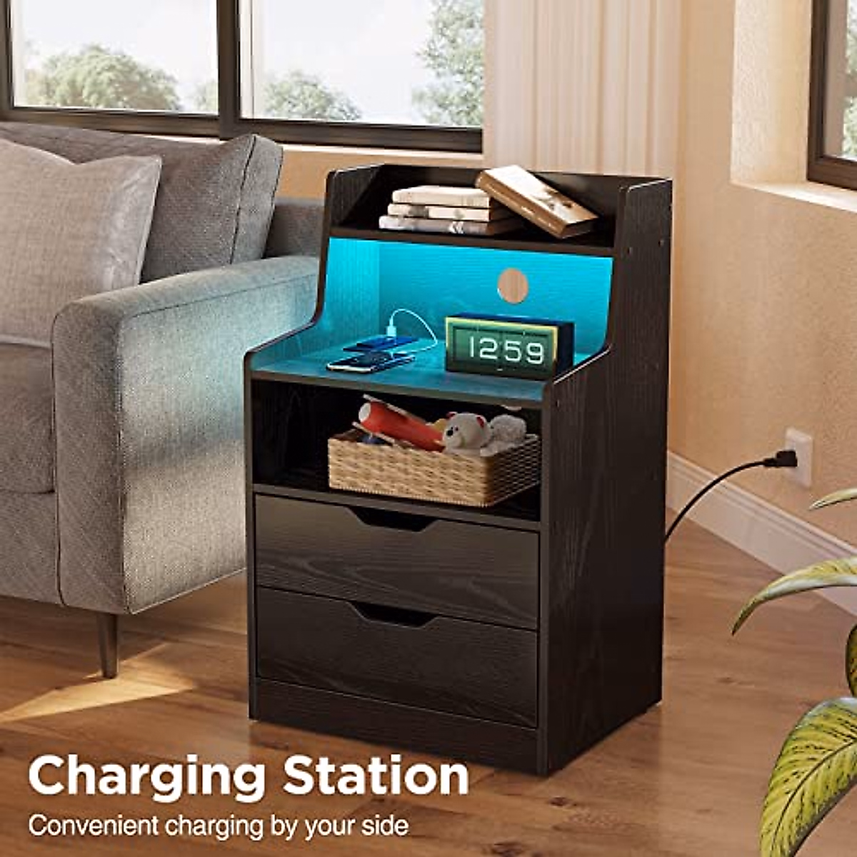 Rolanstar Nightstand with Charging Station and LED Lights, 2 AC and USB Power Outlets, Night Stand with 2 Drawers and Storage Shelves, Bedside Table for Bedroom - Black