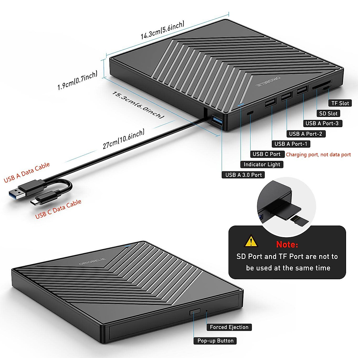 ORIGBELIE External CD DVD Drive, Ultra Slim CD Burner USB 3.0 with 4 USB Ports and 2 TF/SD Card Slots, Optical Disk Drive for Laptop Mac, PC Windows 11/10/8/7 Linux OS