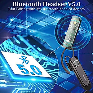 HIFEER Bluetooth Headset V5.0, Wireless Bluetooth Earpiece,Hands-Free with Built-in Mic for Driving/Business/Office,CVC8.0 Noise Cancelling Bluetooth Headphone for iPhone Android Samsung, Black