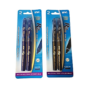 R-2 Roller Ball Pen, 2 Black Ink Plus 2 Blue Ink, Set of 4 Pens