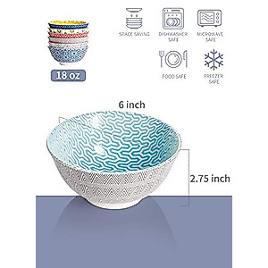 Amazingware Porcelain Salad Bowls - 18 Ounce for Cereal, Soup, Salad and Pasta, Bowl Set of 6, Assorted Designs