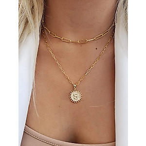 Yoosteel Gold Initial Necklaces for Women, 14K Gold Plated Dainty Layered Paperclip Chain Necklace Personalized Disc Initial C Letter Layered Gold Necklaces for Women Gifts
