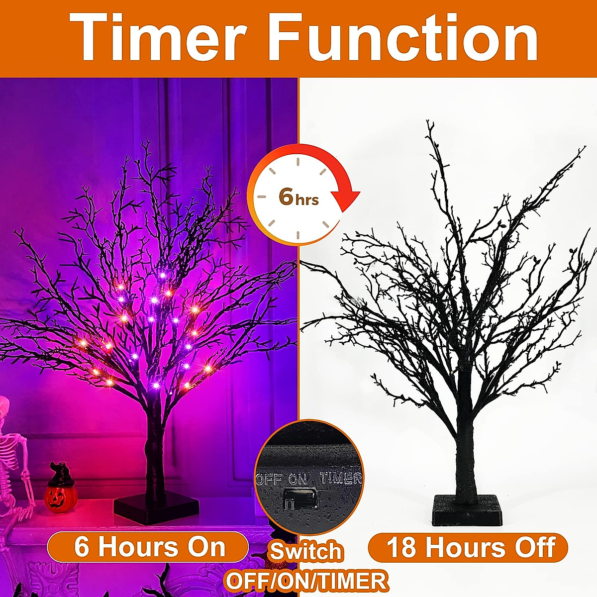 [ Timer ] 24 Inch Orange & Purple Lighted Halloween Tree with 24 LED Black Twigs Tree Lights Battery Operated Tabletop Halloween Spooky Tree Decorations for Indoor Home Party Holiday Festival Decor