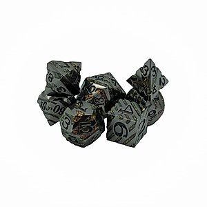 TINY GREMLIN Metal Dice of Dwarven Mining - Dungeons and Dragons Dice - Orange Glitter with Antique Nickel Metal Swirl with Black Font