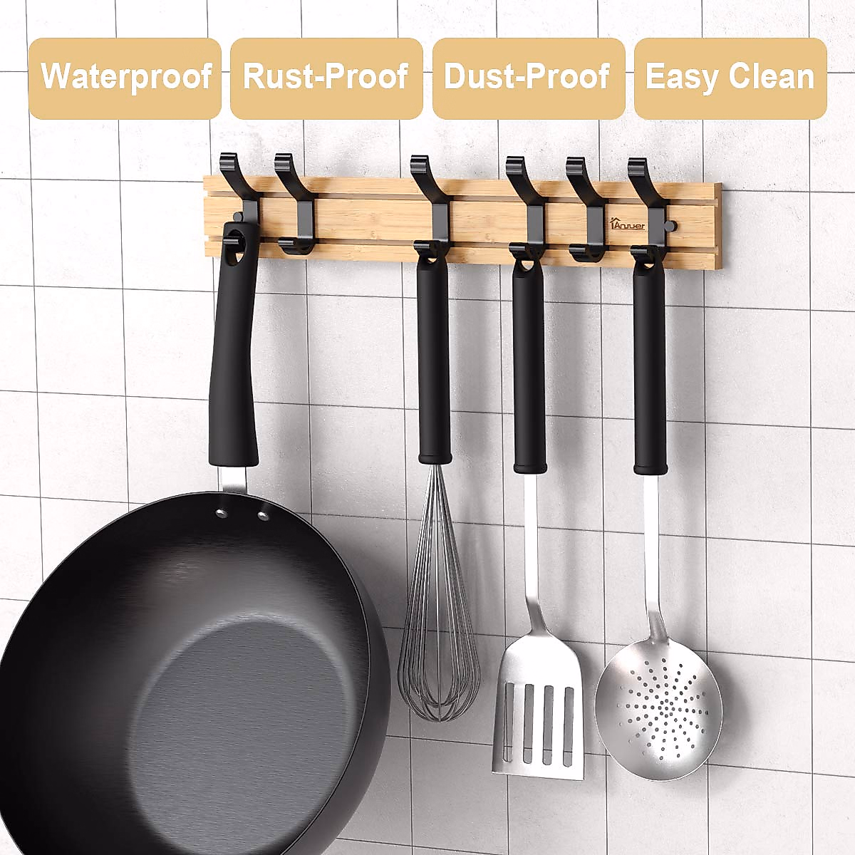 Anjuer Coat Hanger Clothes Rack 6 Active Hooks Heavy Duty Clothes Hat Holder Bamboo