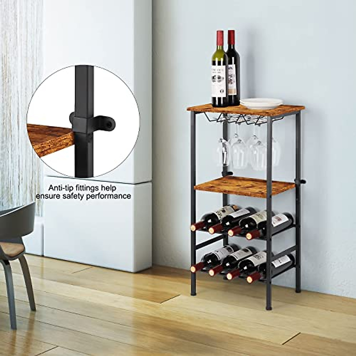 Wine Rack Freestanding Floor, Wine Rack Table Wine Bar Cabinet with Glass Holder Wine Rack with Storage Shelves Wine Rack Shelf Stand Wine Display Rack Hold 8 Bottle and 9 Glasses, Industrial Brown
