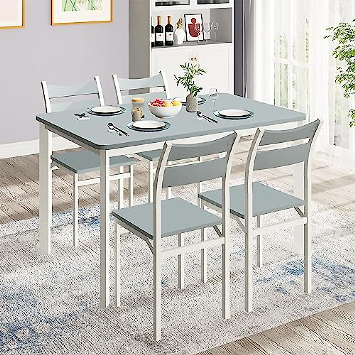 Lamerge Dining Table Set for 4, Kitchen Table and Chairs for 4, Modern Dining Room Table Set with Curved Backrest Chairs, Metal Frame, Ideal for Breakfast Nook, Compact Kitchen, Dining Room, Grey