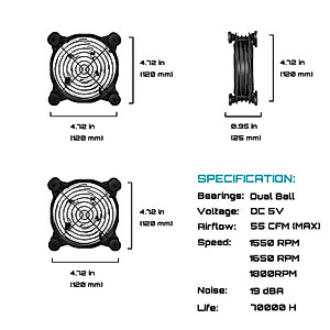 upHere U1207 USB Fan Dual-Ball Bearings,Rainbow LED,Multi-Speed Control,Silent 120mm Fan for Computer Cases Computer Cabinet PlayStation Xbox Cooling