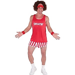 Red Fitness Instructor Costume Set - Adult Standard Size Workout Outfit (Includes Red Wig, Headband and Wristbands) - Ideal for Costume Parties, Gym Workout Sessions, Fitness Events & More, Pack of 3