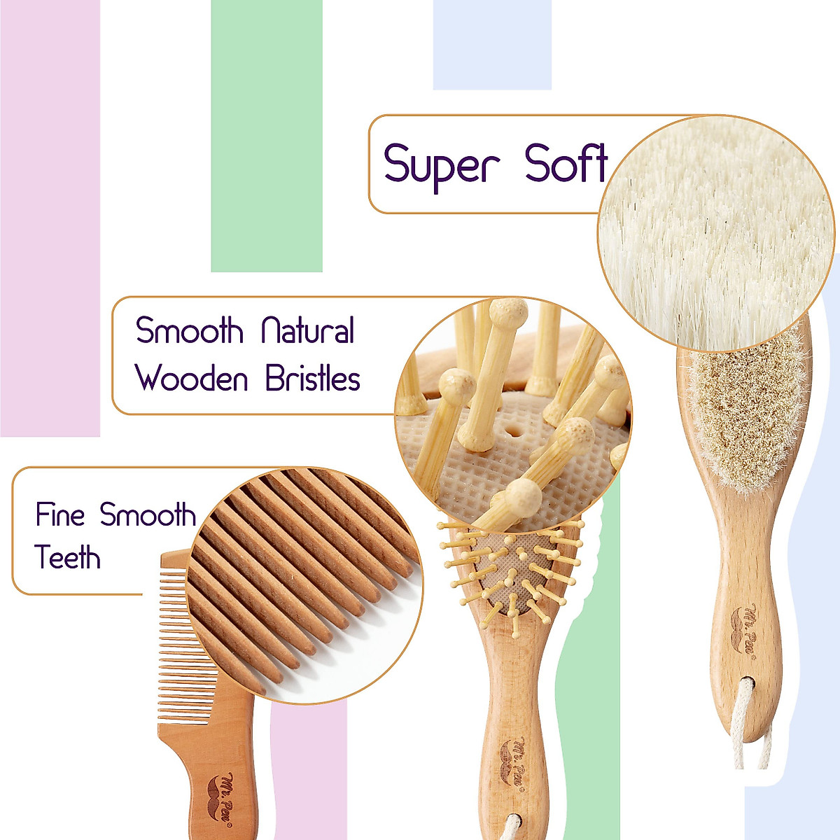 Mr. Pen- Baby Brush and Comb Set, 3Pcs, Wooden, Baby Hair Brush, Cradle Cap Brush, Baby Brush Set for Newborns, Infant Hair Brush, Baby Comb and Brush Set, Newborn Hair Brush, Baby Brushes for Hair