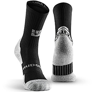 MudGear Ruck Crew Socks - Merino-Wool Hiking Sock for Women and Men for Sport, Gym, Running, Basketball, Football, Military, Work etc. - Boot Height Armour Cushioned Athletic Socks (Black/Gray, Large)