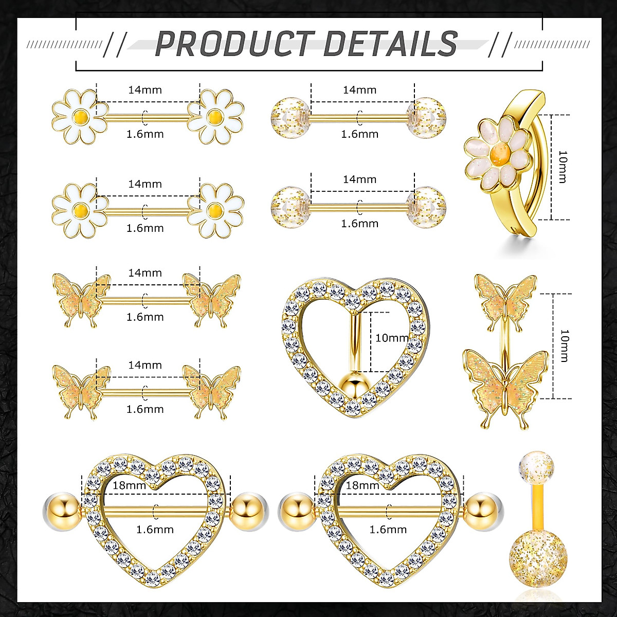 ORAZIO 14G Nipple Rings for Women Surgical Steel Belly Button Ring Butterfly Daisy Flower Nipple Barbells CZ Heart Curved Navel Rings 12 PCS Nipple Piercings Jewelry Set-GOLD