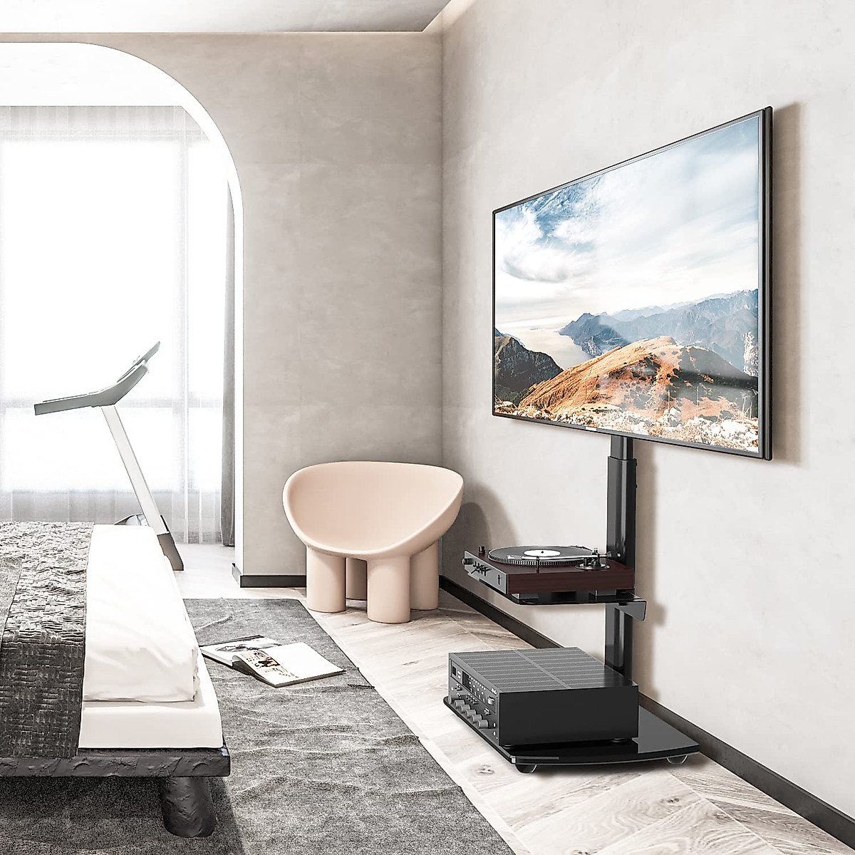 5Rcom Universal TV Floor Stand with 2 Shelves for 27 32 37 42 47 50 55 65 inch Tall LCD LED Flat or Curved Screens TVs Skinny TV Stand with Swivel Mount and Height Adjustable, Black