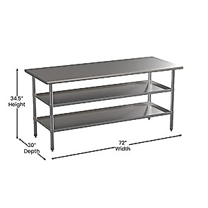 Flash Furniture Stainless Steel 18 Gauge Work Table with 2 Undershelves - 72" W x 30" D x 34.5" H, NSF