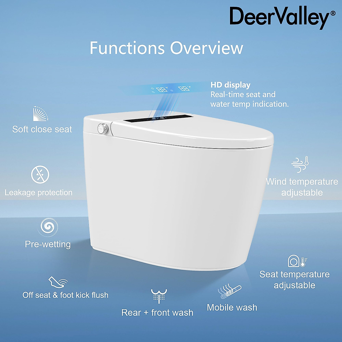 DeerValley Smart Toilet, Tankless Elongated Electric One Piece Toilet with Smart Bidet, Smart Toilet Bidet Seat 1.28 GPF for in White with Seat Heating, Remote Control