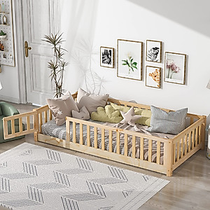 CITYLIGHT Twin Size Floor Bed with Rails and Door, Wood Montessori Floor Bed Twin Size with Support Slats, Kids Twin Bed Frame for Boys,Girls, Natural