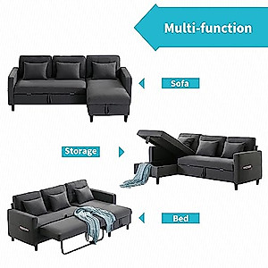 CECER Convertible Sofa Bed with Storage Chaise, L-Shaped Modern Couch with Side Pockets, Upholstered Linen Sectionals with Sleeper for Living Room/Home Office/Easy Assembly - Gray
