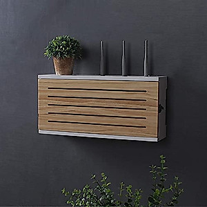 Solid Wood Network Set-Top Box, Wall Mounted Wooden Wireless Wifi Router Storage Box Power Strip and Cable Management Hider Rack Socket Shielding Wire Finishing Wire Box Floating Shelf 40CM