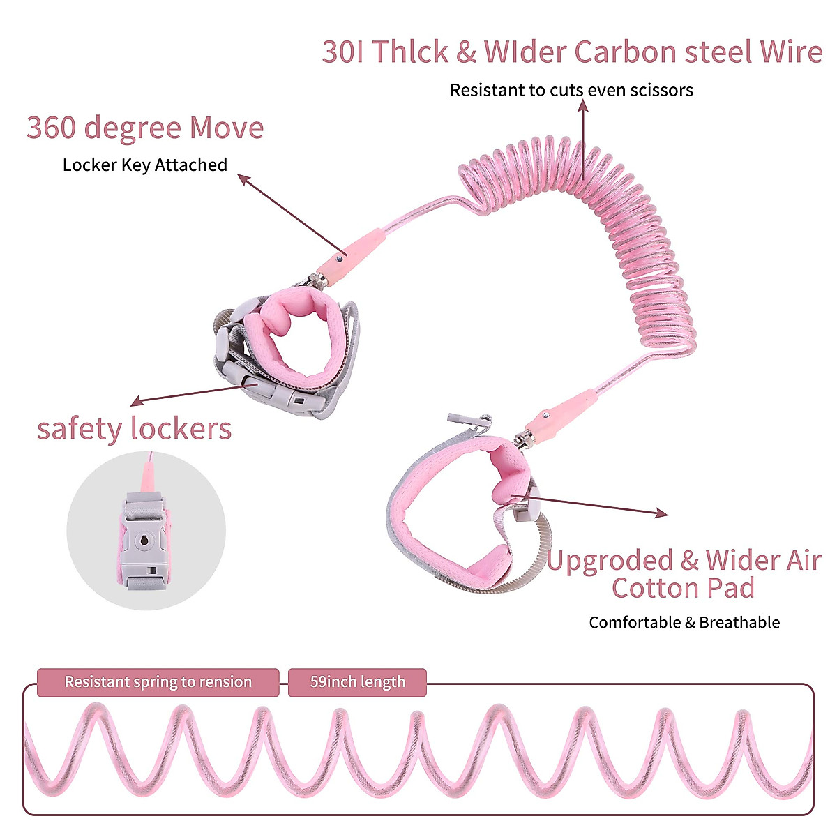 Anti Lost Wrist Link, Toddler Safety Leash with Key Lock, Safety Wrist Leash for Toddlers, Babies & Kids 8.2 feet Pink (red)