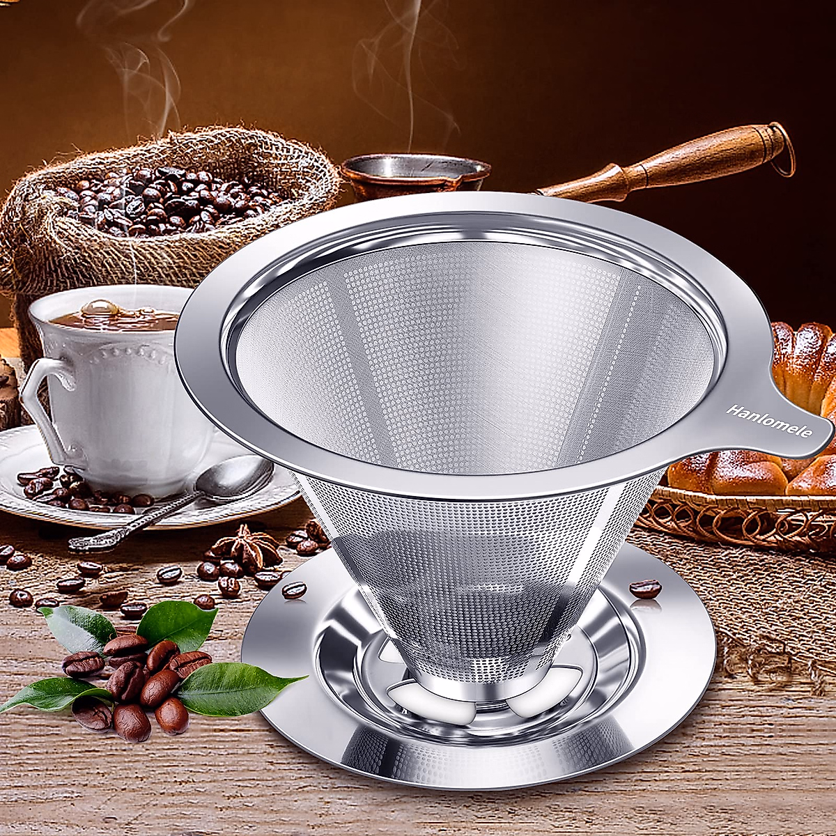 Hanlomele Pour Over Coffee Dripper, Paperless Reusable Coffee Filter, Pour Over Coffee Maker for Single Cup Brew, Double Mesh Design of Stainless Steel Cone Filter for Perfect Extraction (1-4 Cup)