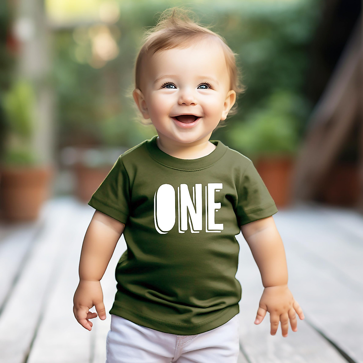 First Birthday Shirt One Outline for 1st Bday Infant Boys and Girls White on Military Green 12 Months