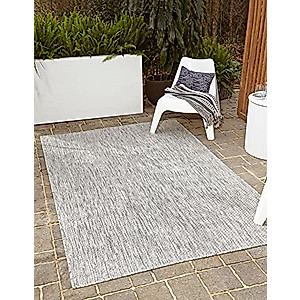 Unique Loom Collection Casual Transitional Solid Heathered Indoor/Outdoor Flatweave Area Rug, 4 ft x 6 ft, Light Gray/Ivory