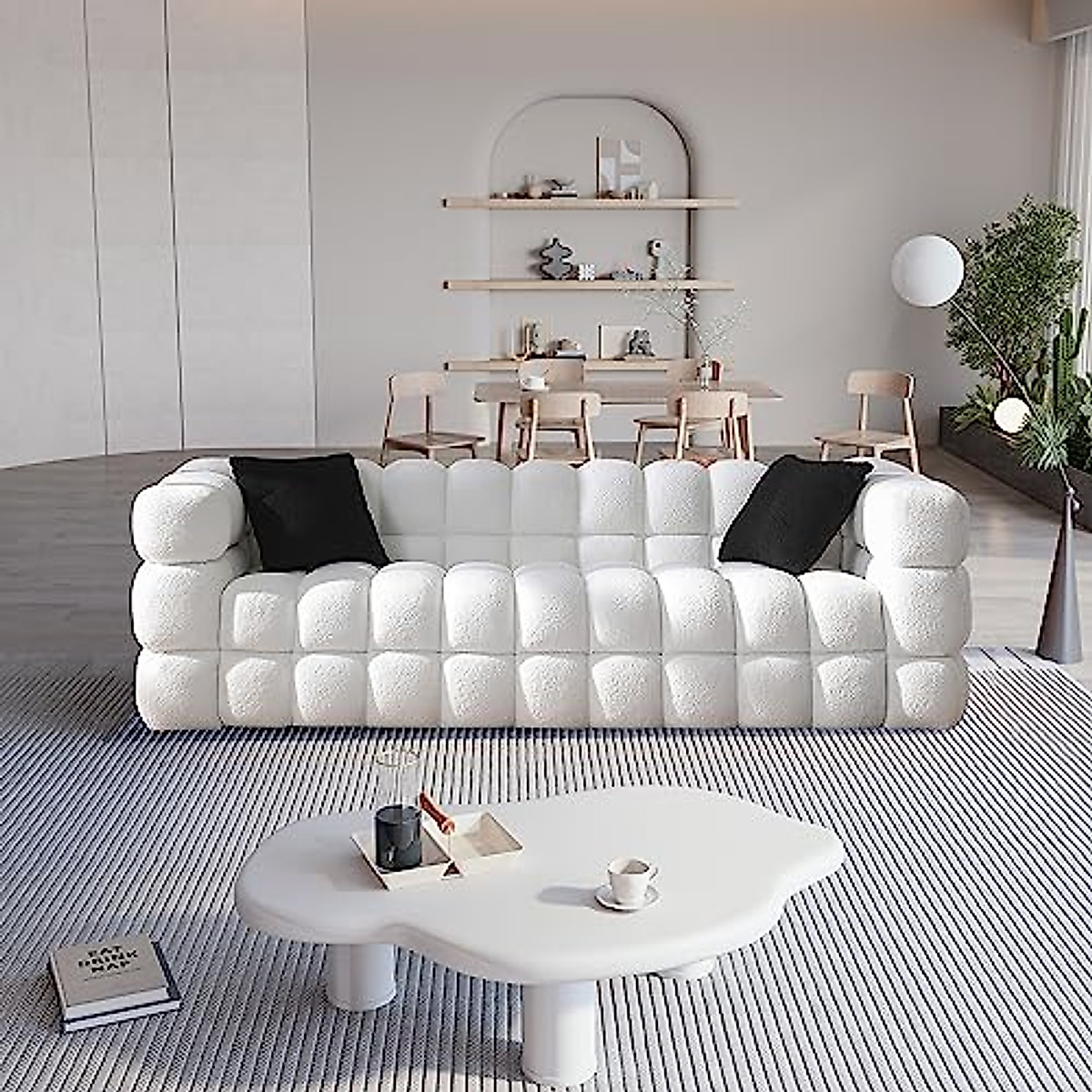 Melpomene Modern Boucle Sofa Couch, Cloud Sofa Upholstered 3 Seater Sofa with 2 Pillows and Wood Legs,Tufted Sofa for Bedroom, Office, Apartment(White)